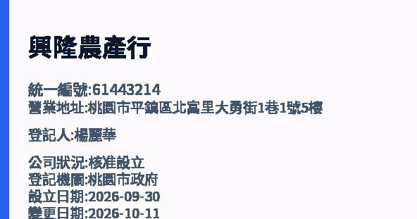 興隆農產行的照片-統編 61443214(桃園市) 公司登記資料與營業項目詳細圖表