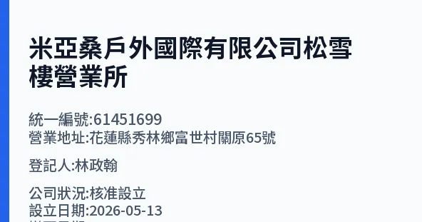 米亞桑戶外國際有限公司松雪樓營業所的照片-統編 61451699(花蓮縣) 公司登記資料與營業項目詳細圖表