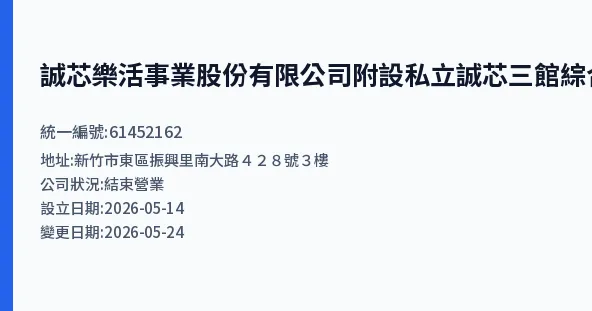誠芯樂活事業股份有限公司附設私立誠芯三館綜合長照機構的照片-統編 61452162(新竹市) 公司登記資料與營業項目詳細圖表
