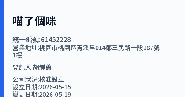 喵了個咪的照片-統編 61452228(桃園市) 公司登記資料與營業項目詳細圖表
