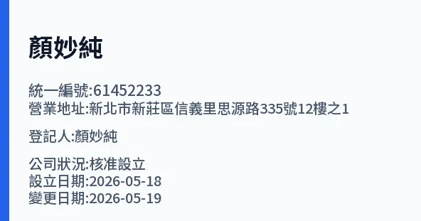 顏妙純的照片-統編 61452233(新北市) 公司登記資料與營業項目詳細圖表