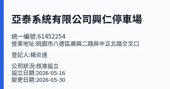 亞泰系統有限公司興仁停車場的照片-統編 61452254(桃園市) 公司登記資料與營業項目詳細圖表