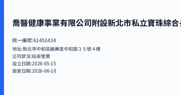 喬醫健康事業有限公司附設新北市私立寶珠綜合長照機構的照片-統編 61452424(新北市) 公司登記資料與營業項目詳細圖表