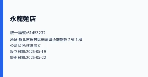 永龍麵店的照片-統編 61453232(新北市) 公司登記資料與營業項目詳細圖表
