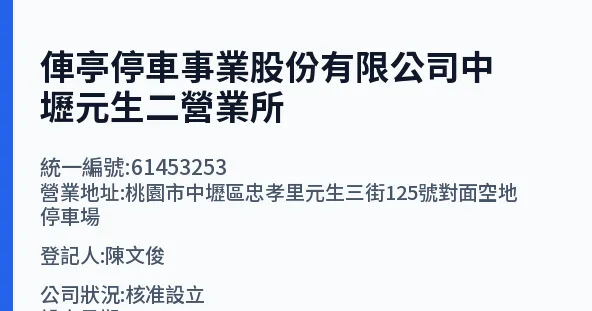 俥亭停車事業股份有限公司中壢元生二營業所的照片-統編 61453253(桃園市) 公司登記資料與營業項目詳細圖表