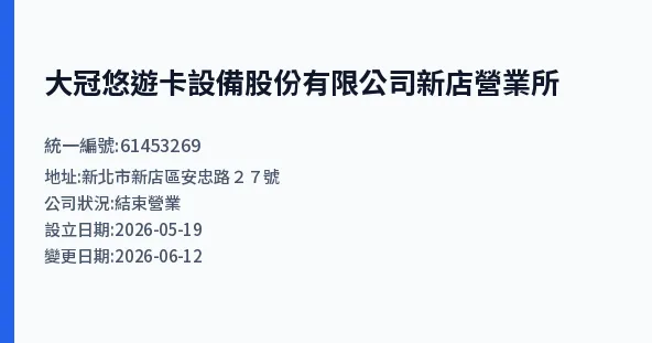 大冠悠遊卡設備股份有限公司新店營業所的照片-統編 61453269(新北市) 公司登記資料與營業項目詳細圖表