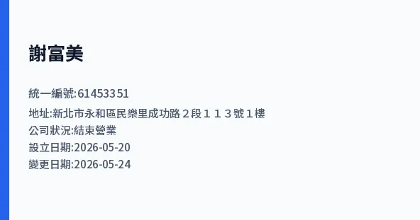 謝富美的照片-統編 61453351(新北市) 公司登記資料與營業項目詳細圖表