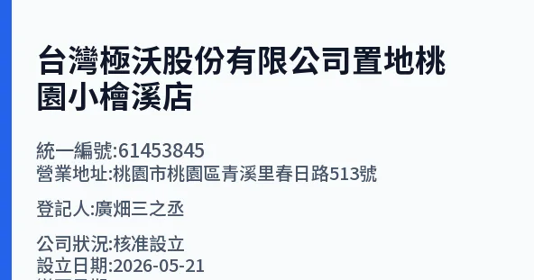 台灣極沃股份有限公司置地桃園小檜溪店的照片-統編 61453845(桃園市) 公司登記資料與營業項目詳細圖表
