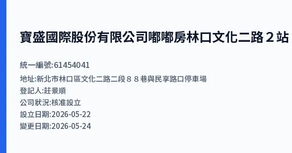 寶盛國際股份有限公司嘟嘟房林口文化二路2站的照片-統編 61454041(新北市) 公司登記資料與營業項目詳細圖表