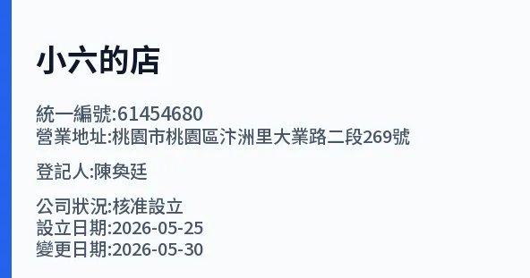 小六的店的照片-統編 61454680(桃園市) 公司登記資料與營業項目詳細圖表