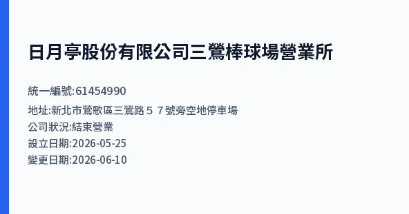 日月亭股份有限公司三鶯棒球場營業所的照片-統編 61454990(新北市) 公司登記資料與營業項目詳細圖表
