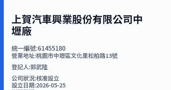 上賀汽車興業股份有限公司中壢廠的照片-統編 61455180(桃園市) 公司登記資料與營業項目詳細圖表