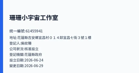 珊珊小宇宙工作室的照片-統編 61455941(花蓮縣) 公司登記資料與營業項目詳細圖表