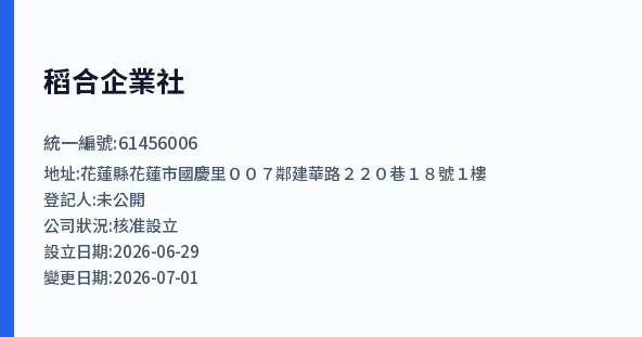 稻合企業社的照片-統編 61456006(花蓮縣) 公司登記資料與營業項目詳細圖表