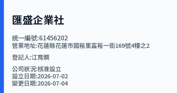 匯盛企業社的照片-統編 61456202(花蓮縣) 公司登記資料與營業項目詳細圖表