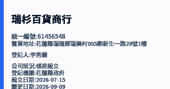 瑞杉百貨商行的照片-統編 61456548(花蓮縣) 公司登記資料與營業項目詳細圖表
