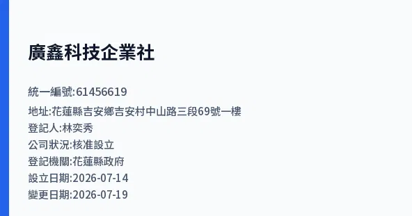 廣鑫科技企業社的照片-統編 61456619(花蓮縣) 公司登記資料與營業項目詳細圖表