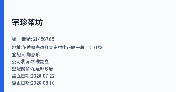 宗珍茶坊的照片-統編 61456765(花蓮縣) 公司登記資料與營業項目詳細圖表