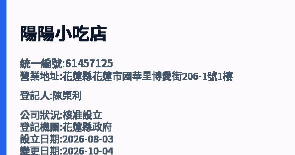 陽陽小吃店的照片-統編 61457125(花蓮縣) 公司登記資料與營業項目詳細圖表