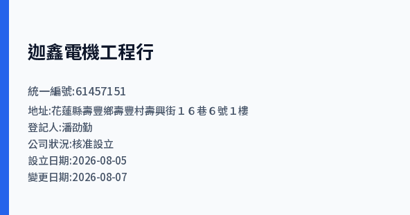 迦鑫電機工程行的照片-統編 61457151(花蓮縣) 公司登記資料與營業項目詳細圖表