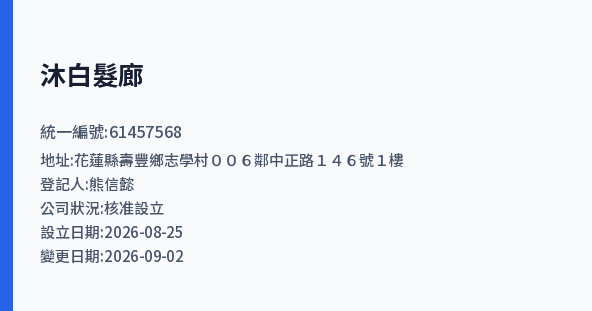 沐白髮廊的照片-統編 61457568(花蓮縣) 公司登記資料與營業項目詳細圖表