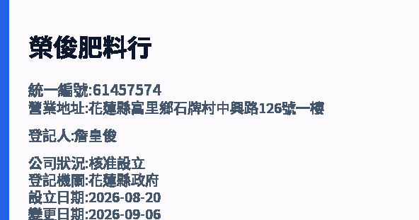 榮俊肥料行的照片-統編 61457574(花蓮縣) 公司登記資料與營業項目詳細圖表