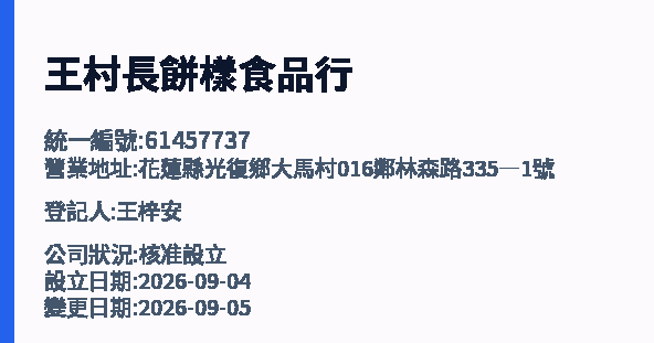 王村長餅樣食品行的照片-統編 61457737(花蓮縣) 公司登記資料與營業項目詳細圖表