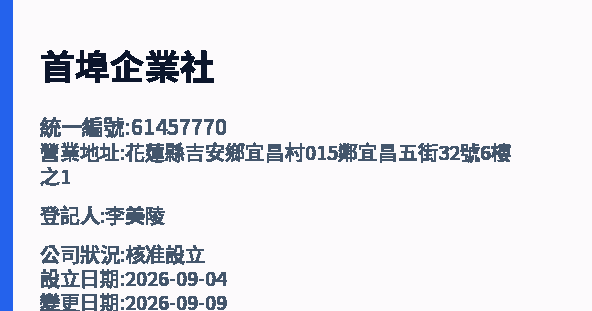 首埠企業社的照片-統編 61457770(花蓮縣) 公司登記資料與營業項目詳細圖表