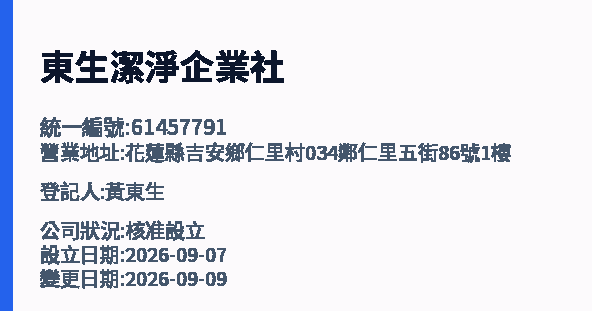 東生潔淨企業社的照片-統編 61457791(花蓮縣) 公司登記資料與營業項目詳細圖表