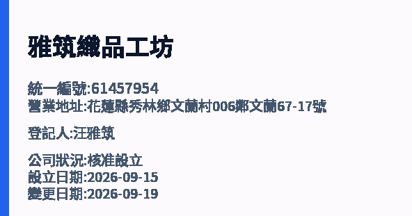 雅筑織品工坊的照片-統編 61457954(花蓮縣) 公司登記資料與營業項目詳細圖表