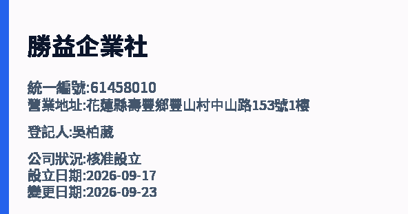 勝益企業社的照片-統編 61458010(花蓮縣) 公司登記資料與營業項目詳細圖表
