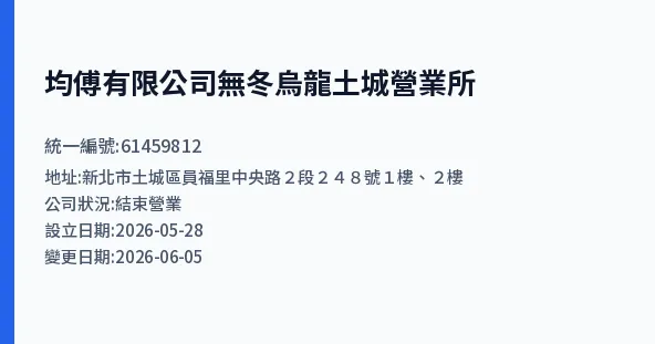 均傅有限公司無冬烏龍土城營業所的照片-統編 61459812(新北市) 公司登記資料與營業項目詳細圖表