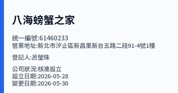八海螃蟹之家的照片-統編 61460233(新北市) 公司登記資料與營業項目詳細圖表