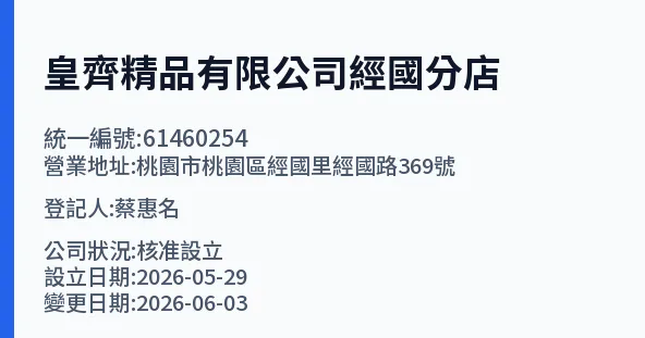 皇齊精品有限公司經國分店的照片-統編 61460254(桃園市) 公司登記資料與營業項目詳細圖表