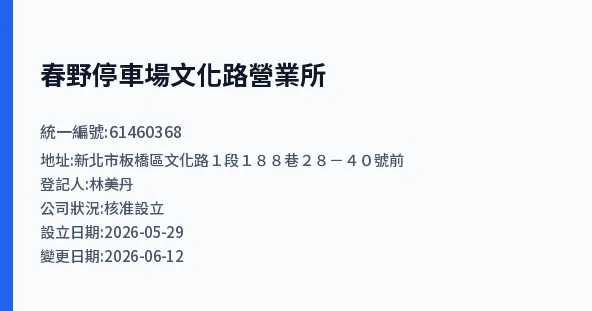 春野停車場文化路營業所的照片-統編 61460368(新北市) 公司登記資料與營業項目詳細圖表