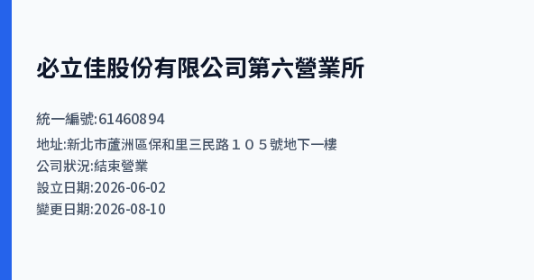 必立佳股份有限公司第六營業所的照片-統編 61460894 公司登記資料與營業項目詳細圖表