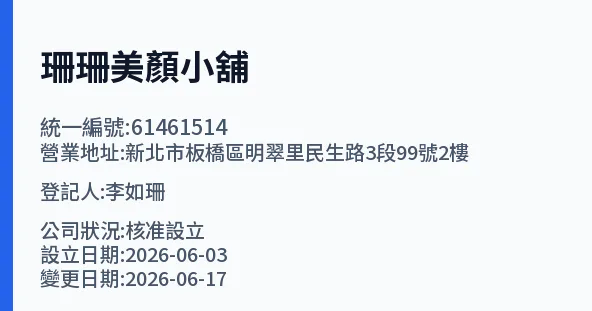 珊珊美顏小舖的照片-統編 61461514(新北市) 公司登記資料與營業項目詳細圖表