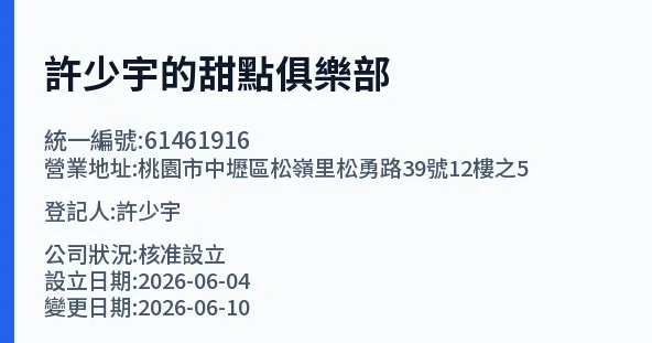 許少宇的甜點俱樂部的照片-統編 61461916(桃園市) 公司登記資料與營業項目詳細圖表