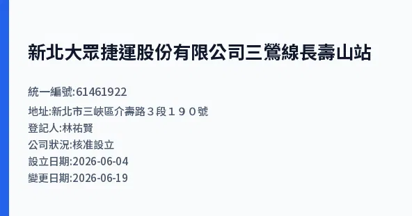 新北大眾捷運股份有限公司三鶯線長壽山站的照片-統編 61461922(新北市) 公司登記資料與營業項目詳細圖表