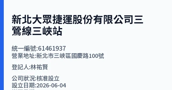 新北大眾捷運股份有限公司三鶯線三峽站的照片-統編 61461937(新北市) 公司登記資料與營業項目詳細圖表