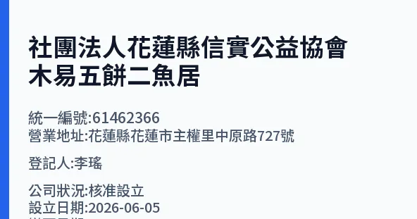 社團法人花蓮縣信實公益協會木易五餅二魚居的照片-統編 61462366(花蓮縣) 公司登記資料與營業項目詳細圖表