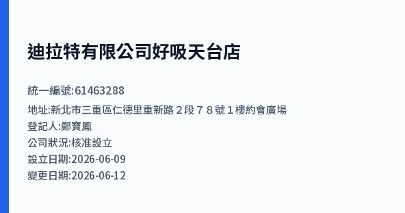 迪拉特有限公司好吸天台店的照片-統編 61463288(新北市) 公司登記資料與營業項目詳細圖表