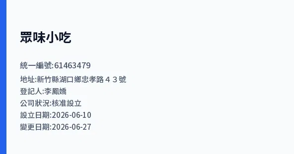 眾味小吃的照片-統編 61463479(新竹縣) 公司登記資料與營業項目詳細圖表