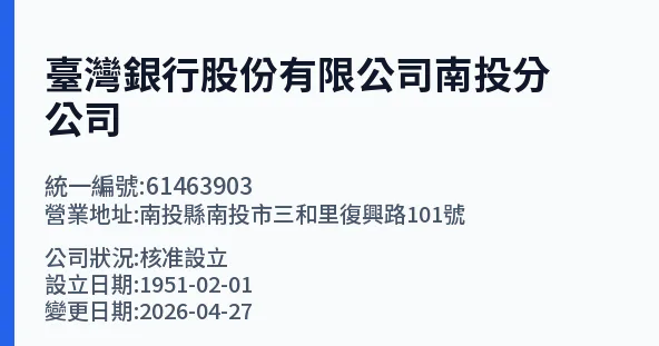臺灣銀行股份有限公司南投分公司的照片-統編 61463903(南投縣) 公司登記資料與營業項目詳細圖表