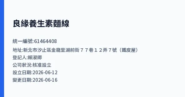 良緣養生素麵線的照片-統編 61464408(新北市) 公司登記資料與營業項目詳細圖表
