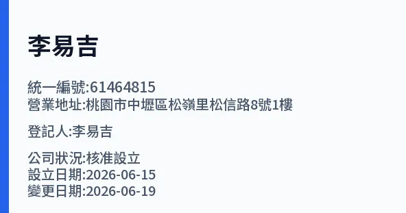 李易吉的照片-統編 61464815(桃園市) 公司登記資料與營業項目詳細圖表