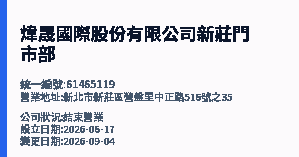 煒晟國際股份有限公司新莊門市部的照片-統編 61465119 公司登記資料與營業項目詳細圖表