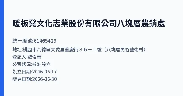 暖板凳文化志業股份有限公司八塊厝農銷處的照片-統編 61465429(桃園市) 公司登記資料與營業項目詳細圖表
