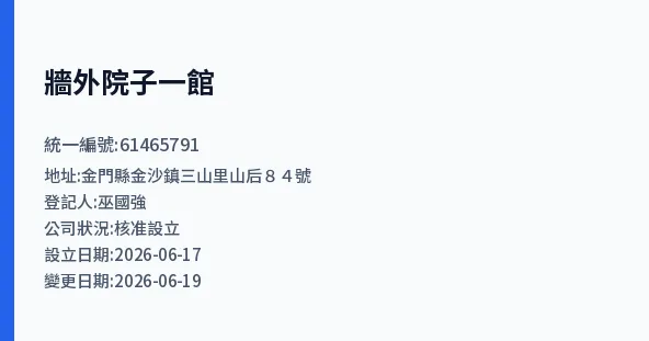 牆外院子一館的照片-統編 61465791(金門縣) 公司登記資料與營業項目詳細圖表
