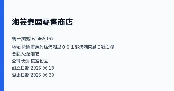 湘芸泰國零售商店的照片-統編 61466052(桃園市) 公司登記資料與營業項目詳細圖表